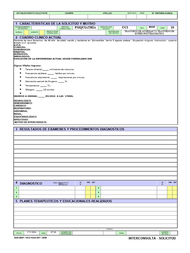 Formato Interconsulta MSP ECUADOR WORD | PDF | Diagnostico medico | Cuidado de la salud