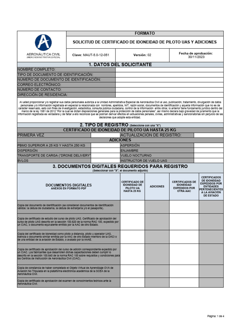 Datos Del Solicitante: Formato Solicitud de Certificado de Idoneidad de Piloto Uas Y Adiciones ...