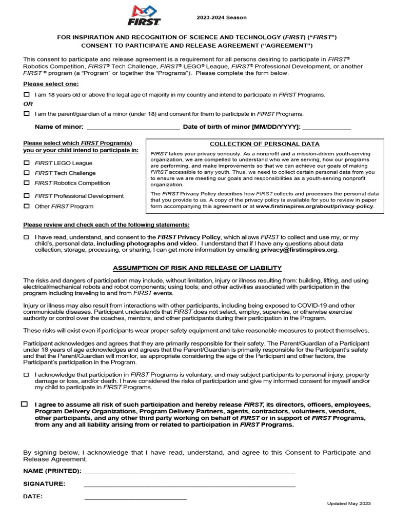2023-24 FIRST Consent and Release Form | PDF | Safety | Risk