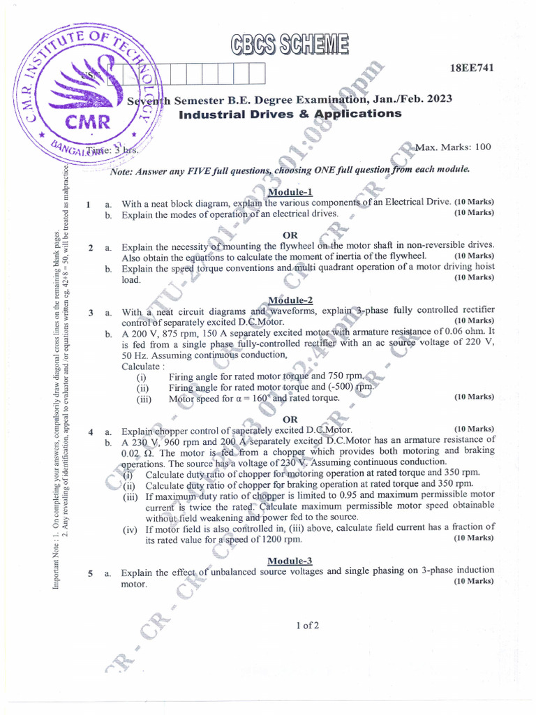 VTU Question Paper of 18EE741 Industrial Drives and Application Jan-Feb-2023 | PDF