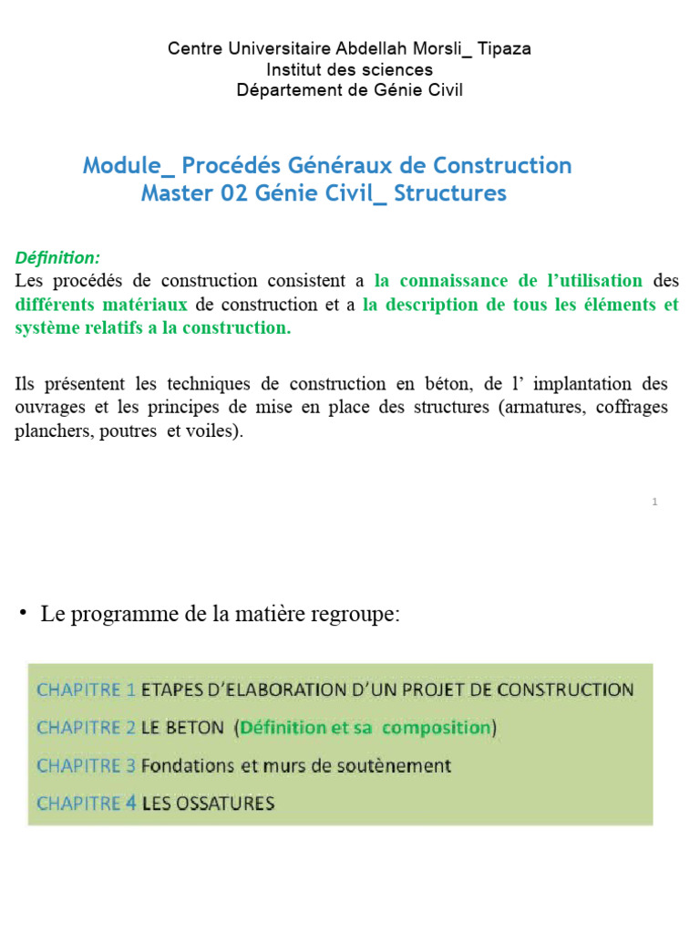 Chapitre 01 PGC 2324vf 1 | PDF | Ingénierie civile | Génie du bâtiment