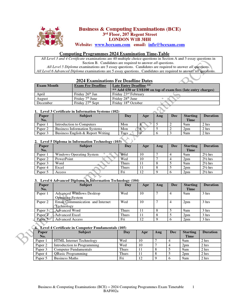 BAF002a Computing Exam TimeTable | PDF | Oracle Database | Computer Network