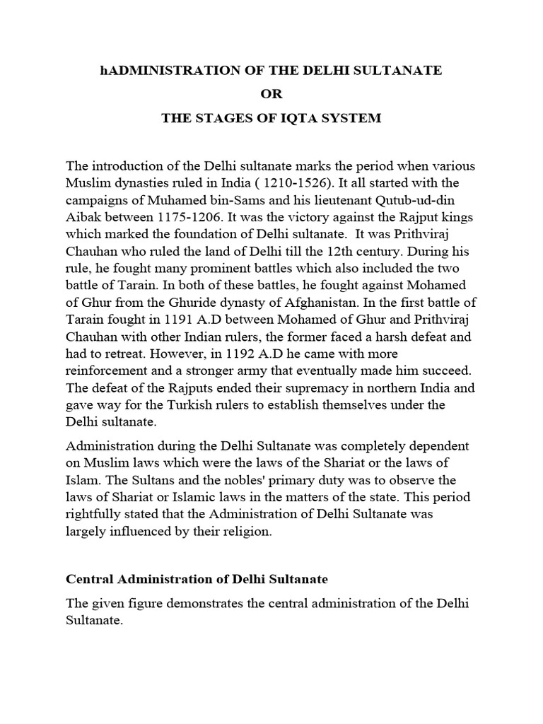 ADMINISTRATION OF THE DELHI SULTANATE | PDF