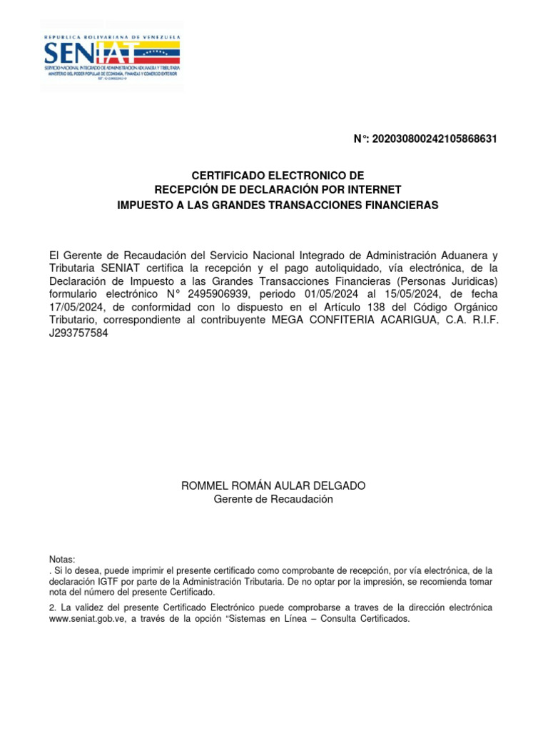 Certificado IGTF Electrónico SENIAT | PDF | Finanzas y dinero