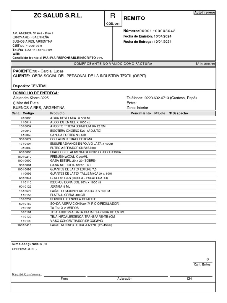 REMITO RTC R 00001-00003043 de Garcia, Lucas | PDF
