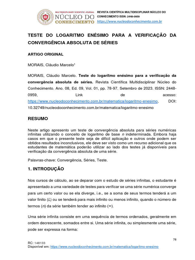 Teste do Logaritmo Enésimo Para a Verificação da Convergência Absoluta ...