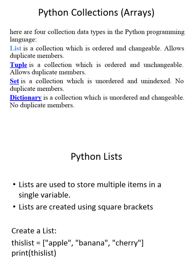 Python Collections Arrays Tuple Set Dictionary Pdf Python Programming Language 0510