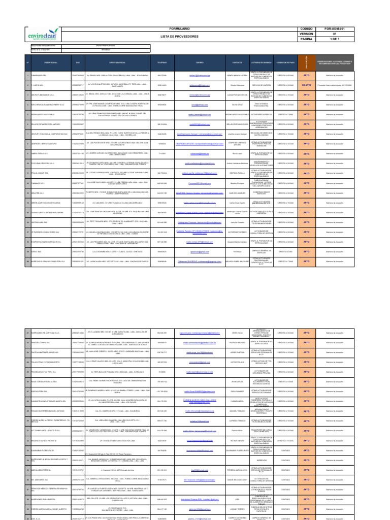 For-Adm-001 Lista de Proveedores V.01 | PDF | Lima