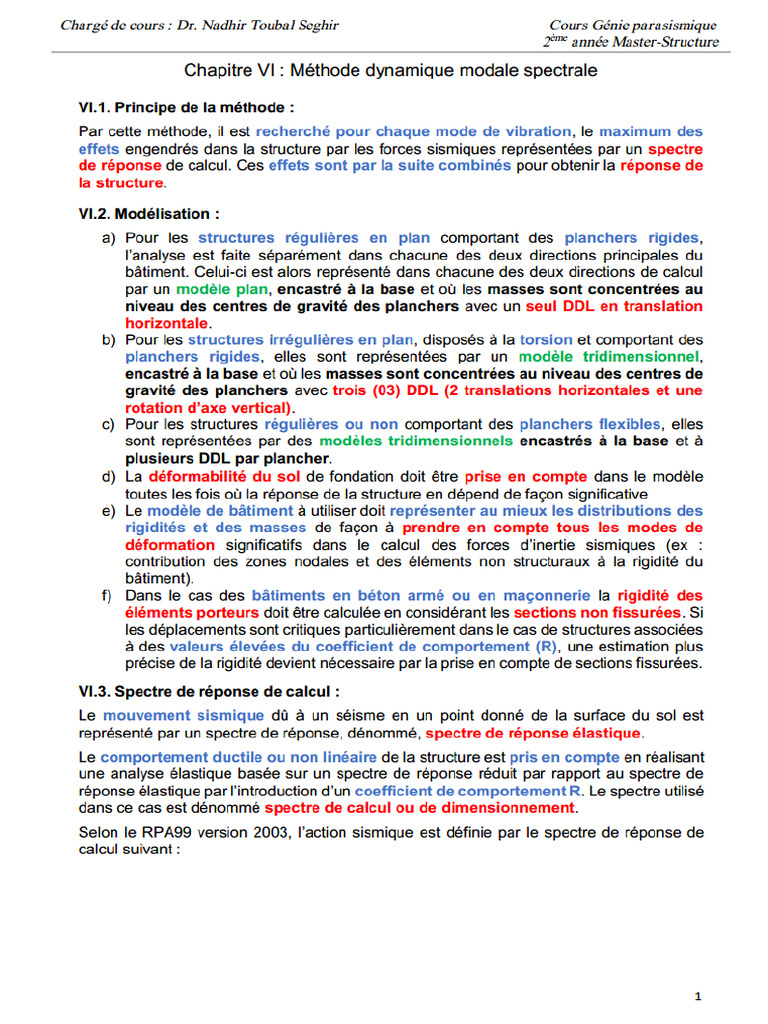 Chapitre VI - Méthode Dynamique Modale Spectrale | PDF