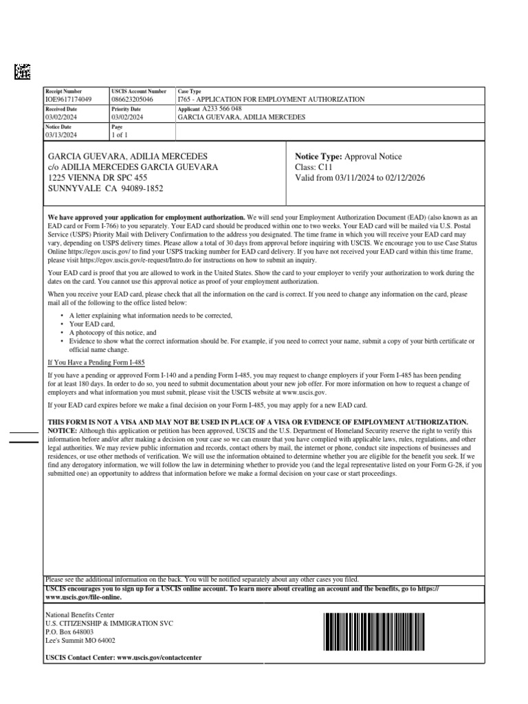I-765 C11 Standalone Approval | PDF | United States Postal Service ...