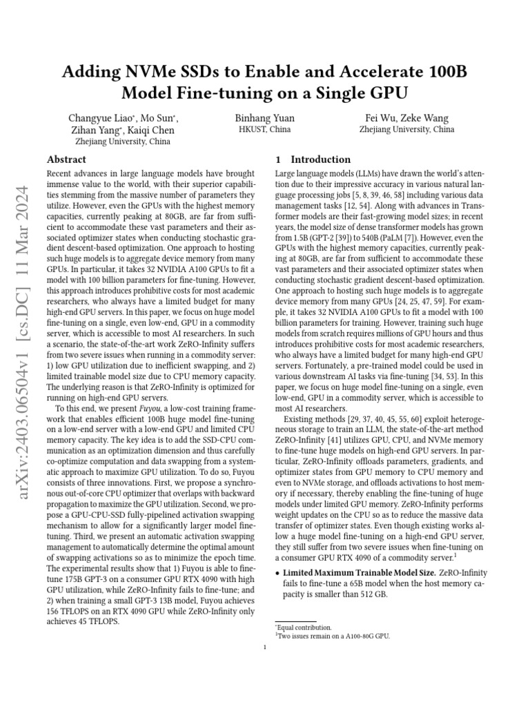 Adding NVMe SSDs To Enable and Accelerate 100B Model Fine-Tuning On A Single GPU | PDF | Solid ...