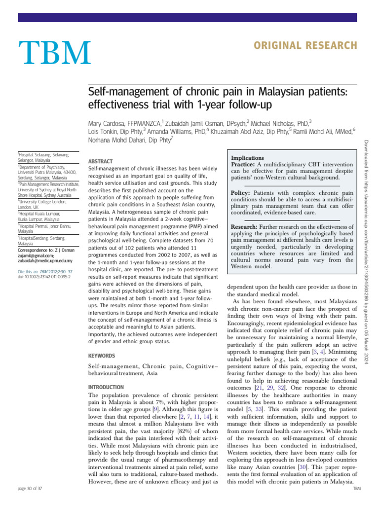 Self Management Chronic Pain | PDF | Pain Management | Pain
