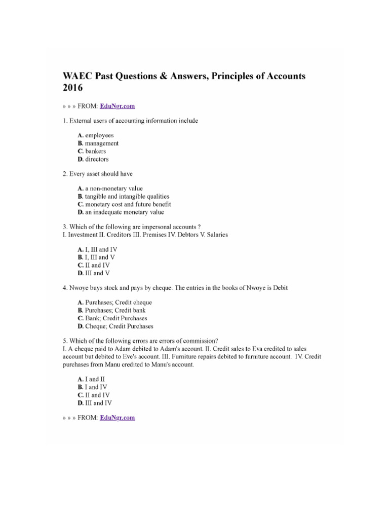WAEC 2016 Accounts Past Questions and Answers | PDF