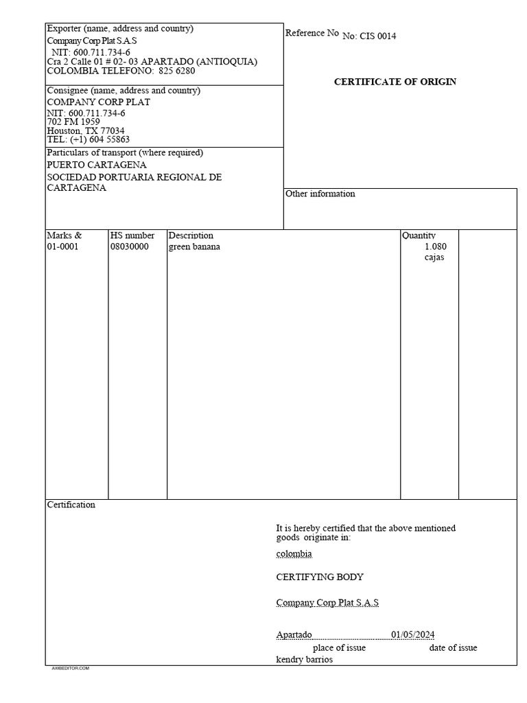 Certificado de Origen | PDF