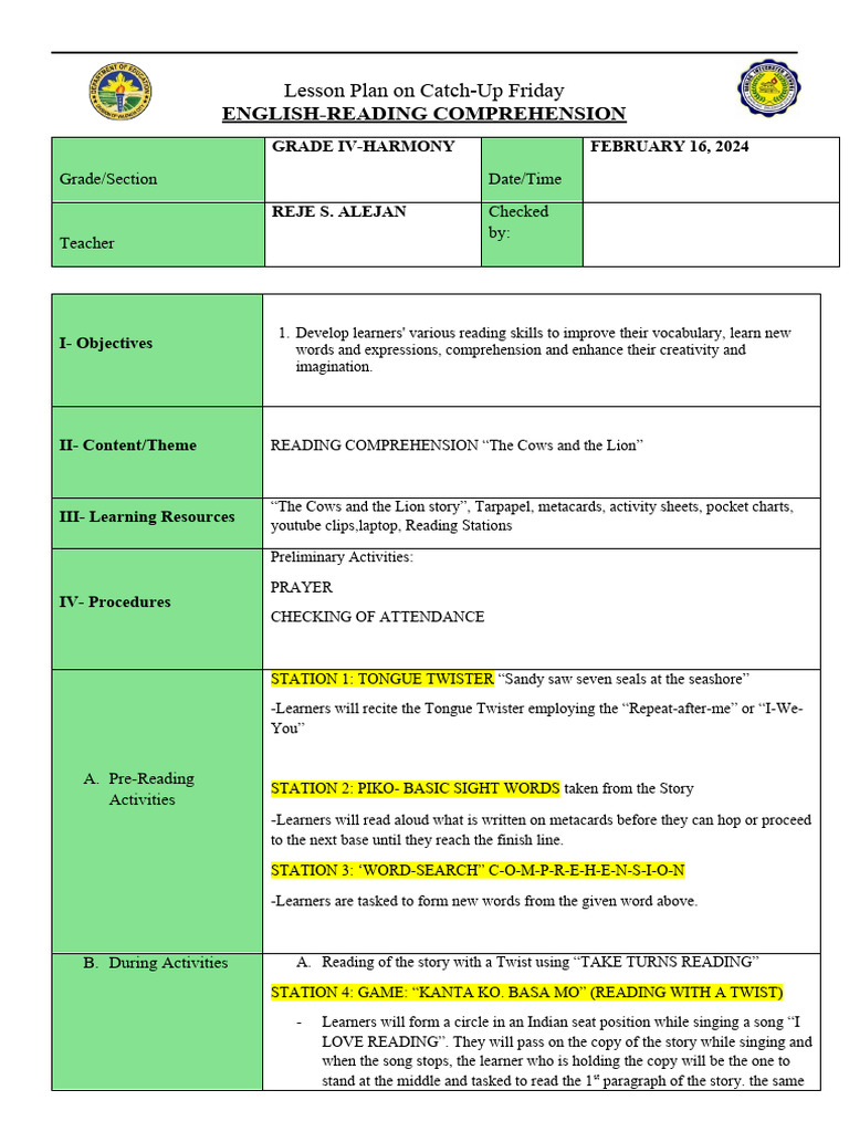 Lesson Plan For Reading Comprehension Catch Up Friday | PDF | Reading Comprehension | Learning ...