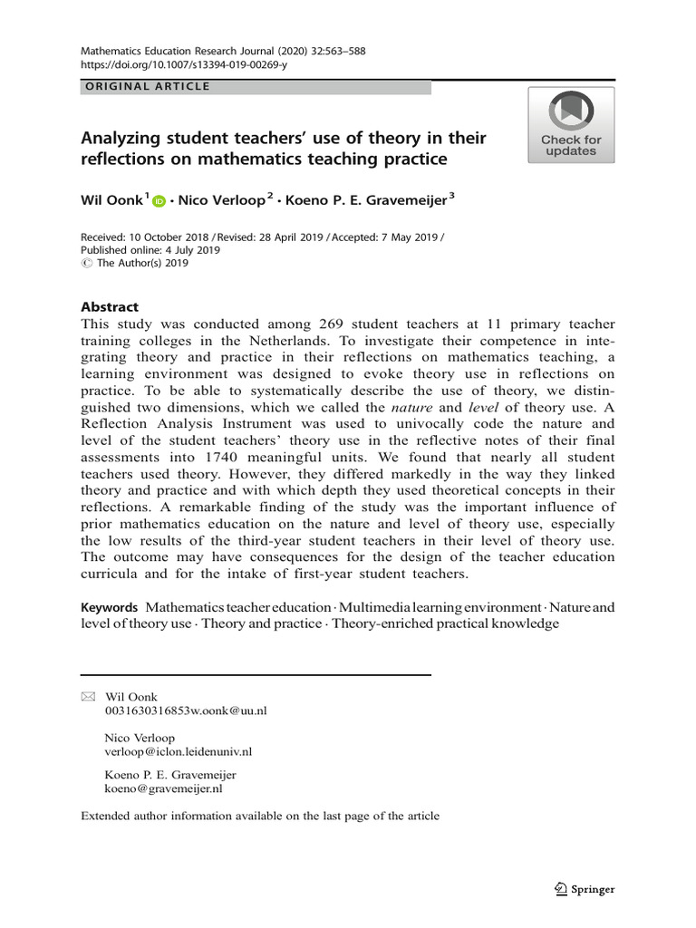 Analyzing Student Teachers ' Use of Theory in Their Reflections On Mathematics Teaching Practice ...