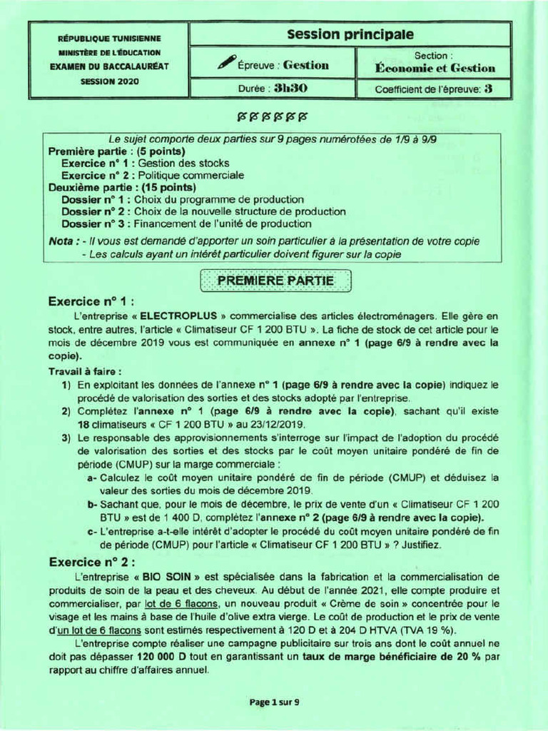 Bac 2020 Bac Eco Epreuve Gestion Session Principale PDF | PDF