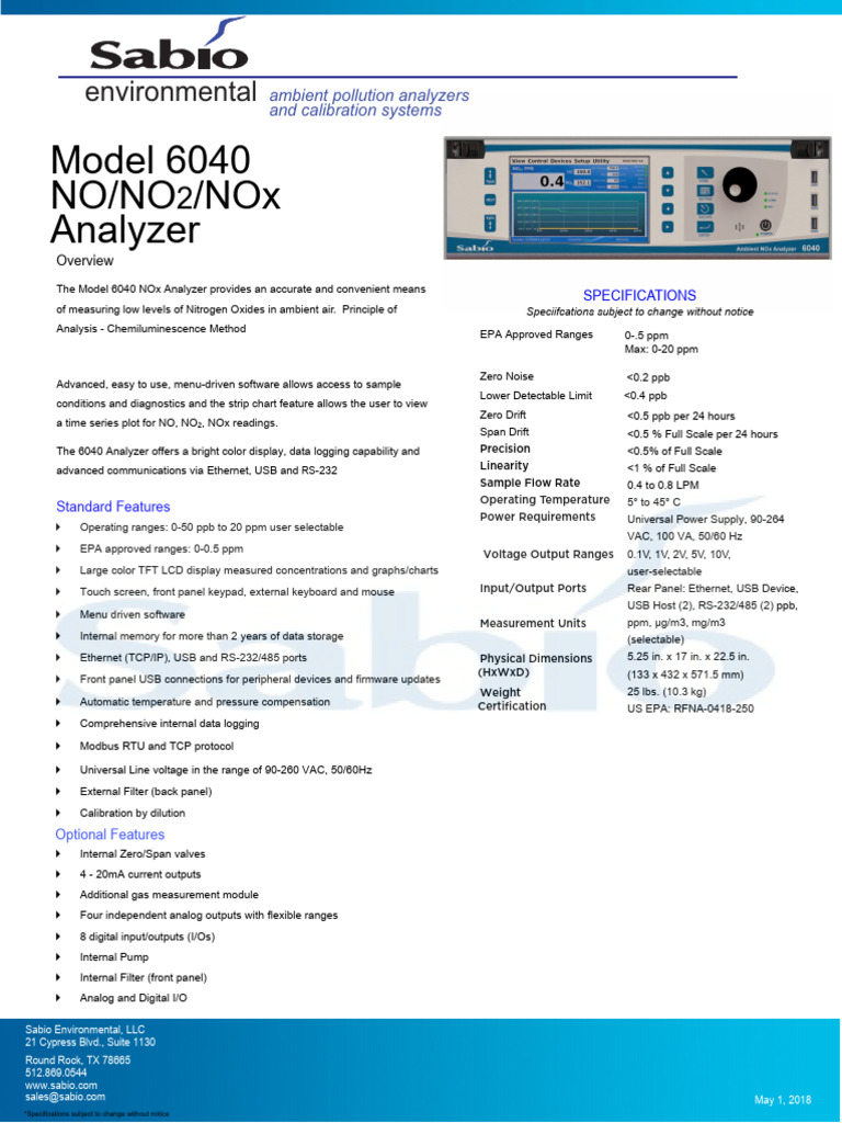 FICHA TECNICA 6040 NOx Analyzer | PDF | Air Pollution | Pollution