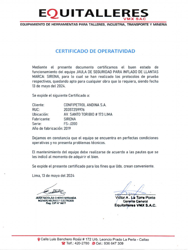Certificado de Operatividad - Confipetrol - Jaula 1 | PDF