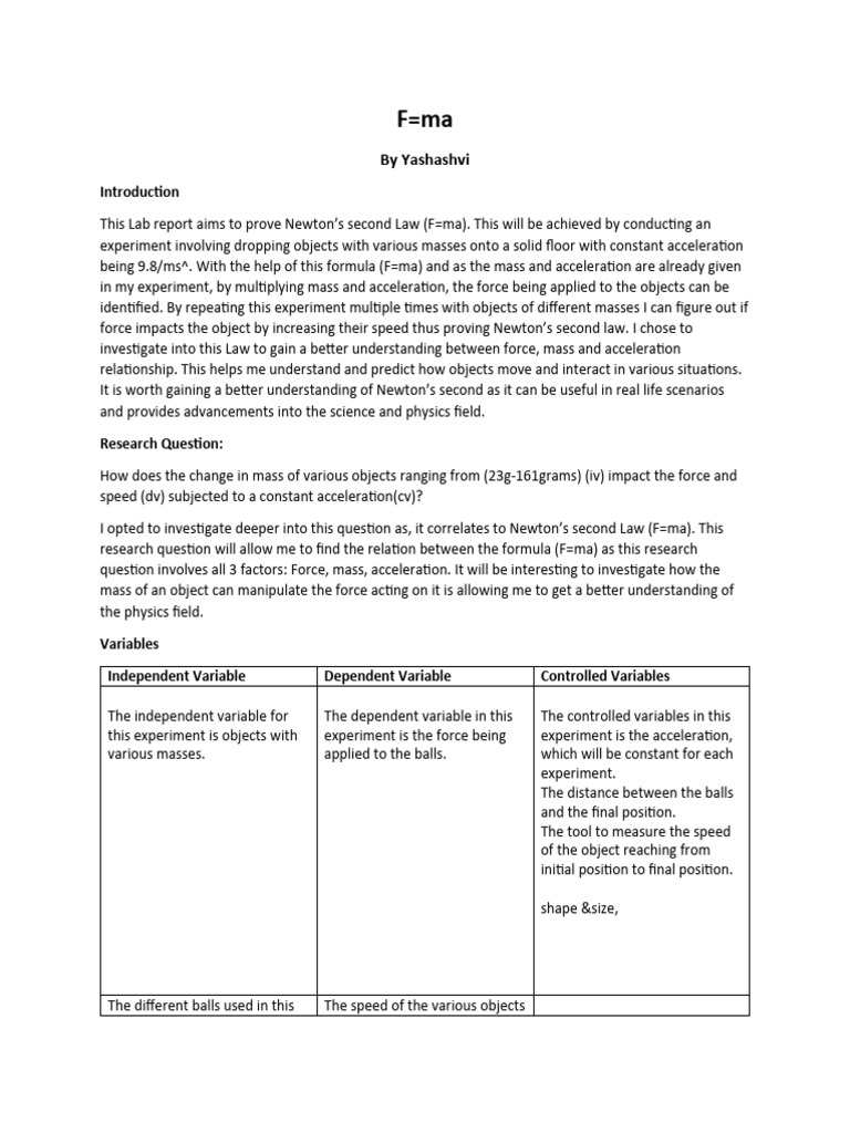 Newton's Second Law Experiment Analysis | PDF | Force | Mass