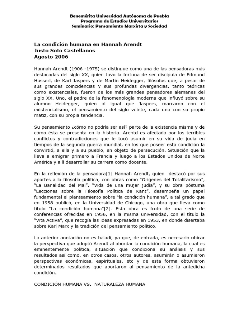 Condicion Humana en Arendt | PDF | Hannah Arendt | Existencialismo