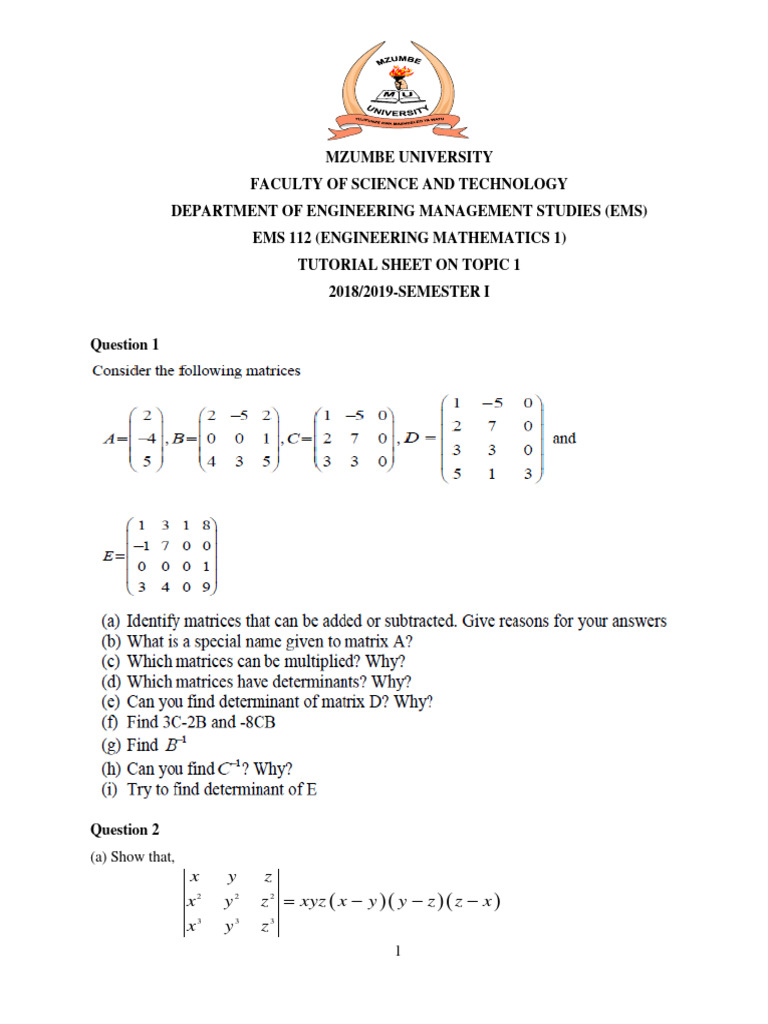 Ems 112-Tutorial 1 | Download Free PDF | Eigenvalues And Eigenvectors | Matrix (Mathematics)