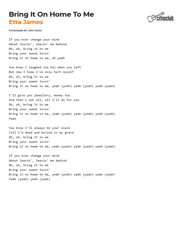 Cifra Club - Etta James - Bring It on Home to Me | PDF
