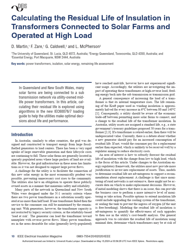 Calculating The Residual Life of Insulation in Transformers Connected ... Calculating The Residual Life of Insulation in Transformers Connected ...