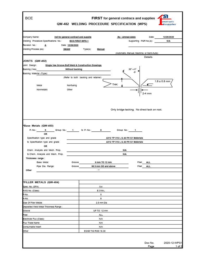First: Qw-482 Welding Procedure Specification (WPS) For General ...