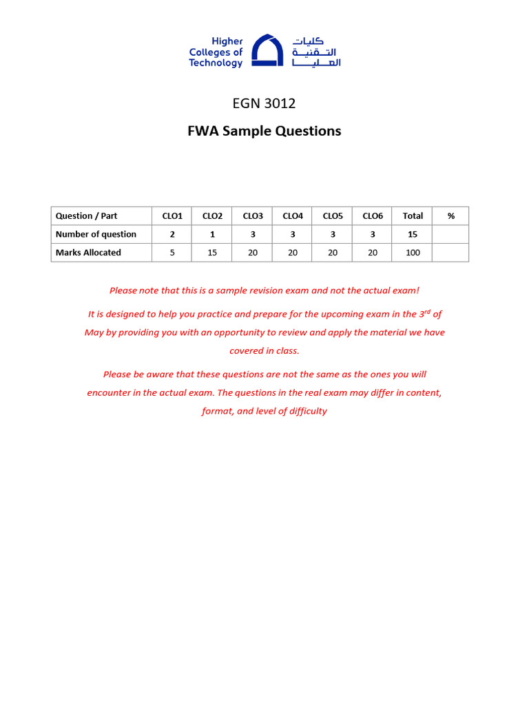 EGN 3012 FWA Answer Sample Questions | PDF | Risk | Risk Management