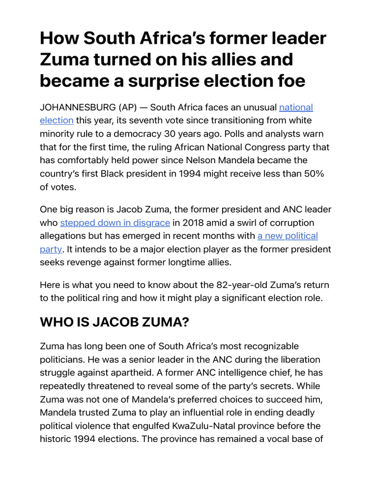 How South Africa's Former Leader Zuma Turned On His Allies and Became A ...