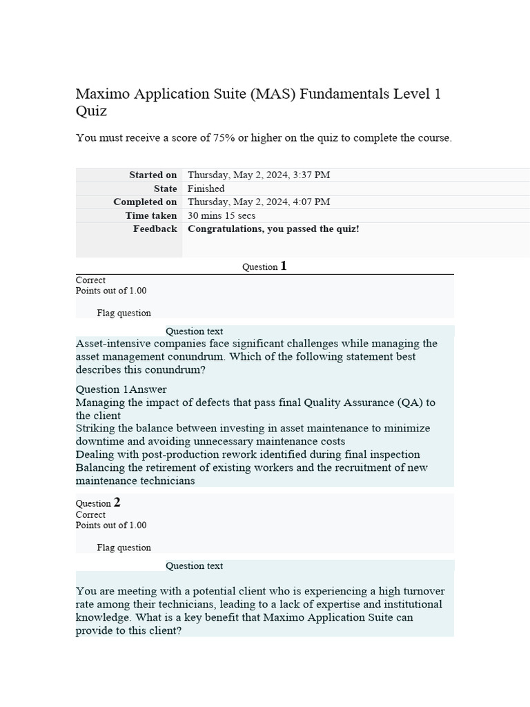 Maximo Application Suite Mas Fundamentals Level 1 Quiz Download Free Pdf Asset Management