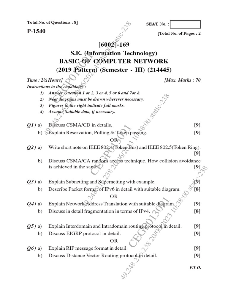 Basics of Computer Networks Exam | PDF | Transmission Control Protocol | Network Protocols