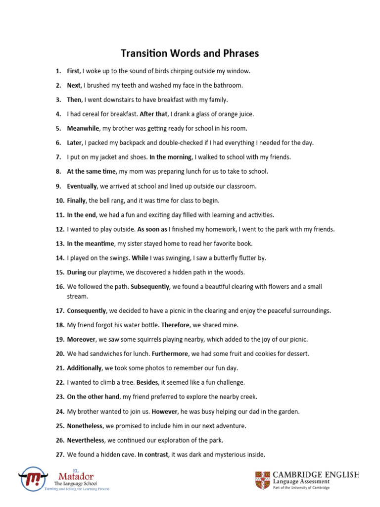 Transition Words and Phrases | PDF