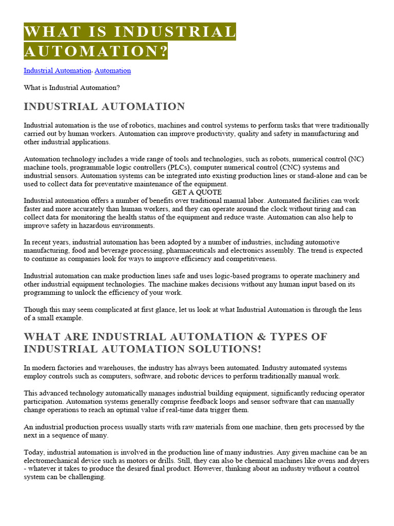What Is Industrial Automation | Download Free PDF | Automation | Programmable Logic Controller