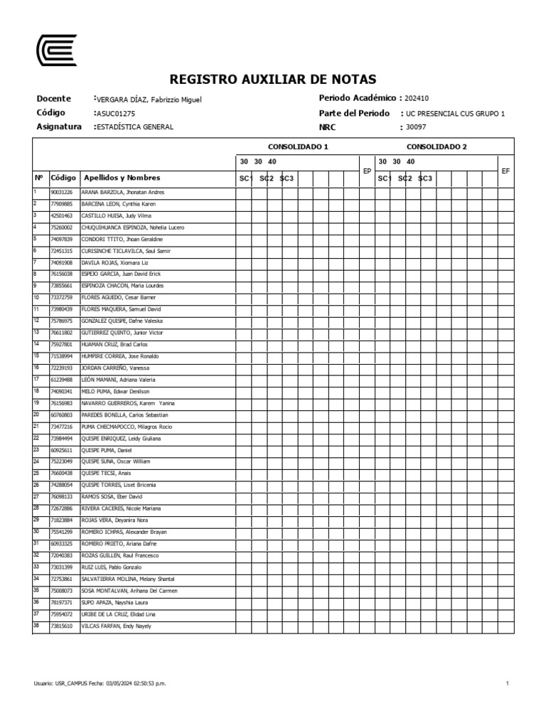 Registro de Notas Estadística General | PDF