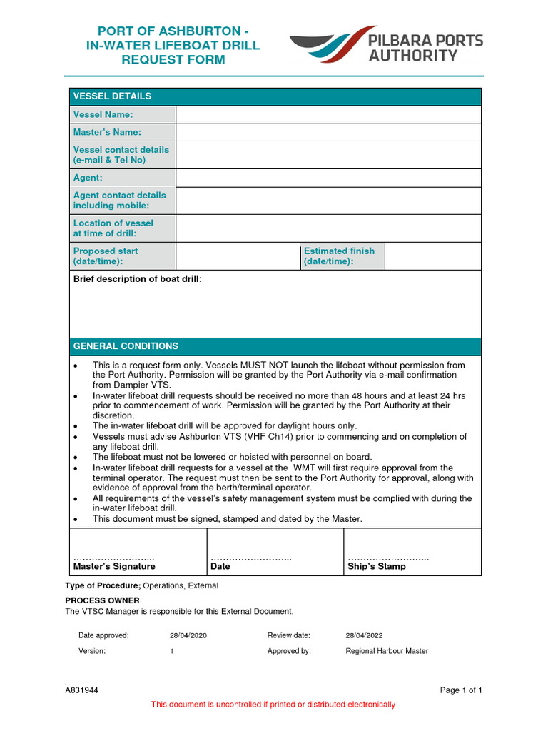 Port of Ashburton in Water Lifeboat Drill Request Form | PDF | Ships ...