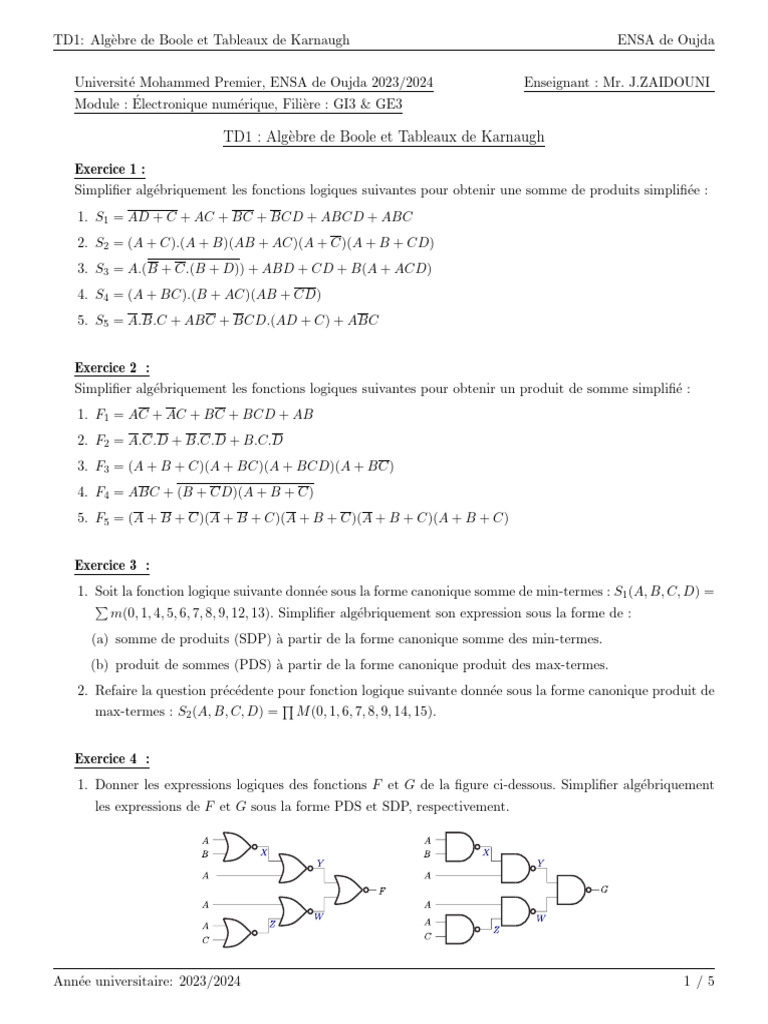 TD1 Algebre Boole 2023 2024 | PDF | Capteur | Algèbre de Boole (logique)