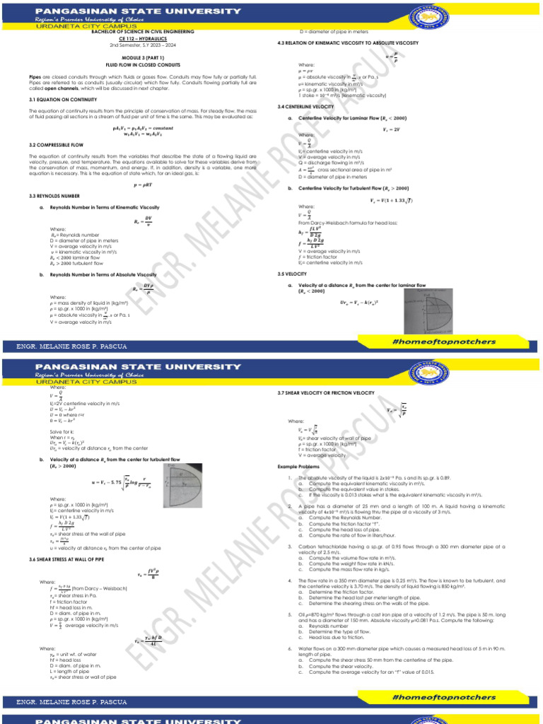 Module 3 (Part 1) - Fluid Flow in Closed Conduits | PDF | Reynolds ...