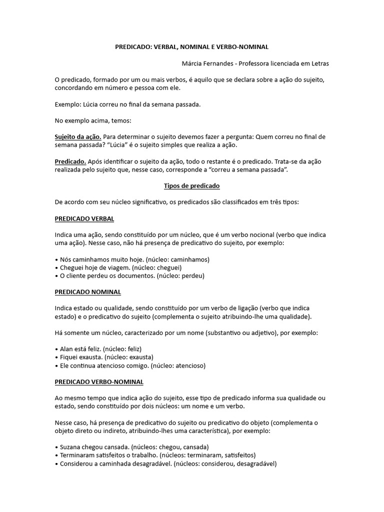 Tipos de Predicado: Verbal e Nominal | PDF | Assunto (gramática ...