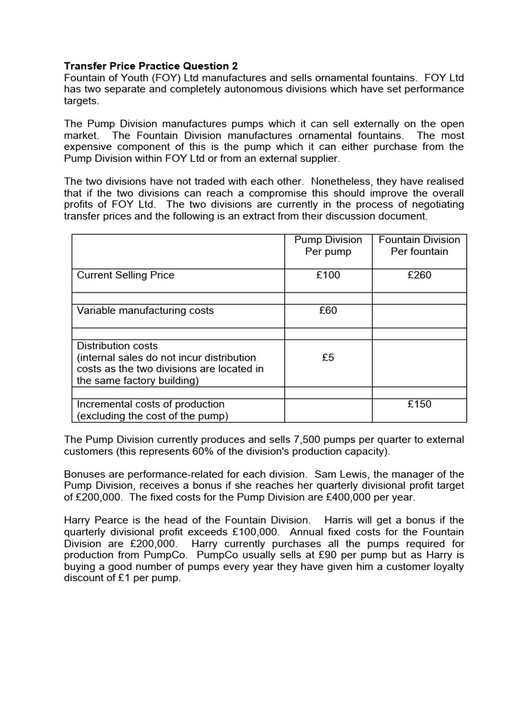 Transfer Pricing Practice 2 FOY | PDF | Cost | Profit (Economics)