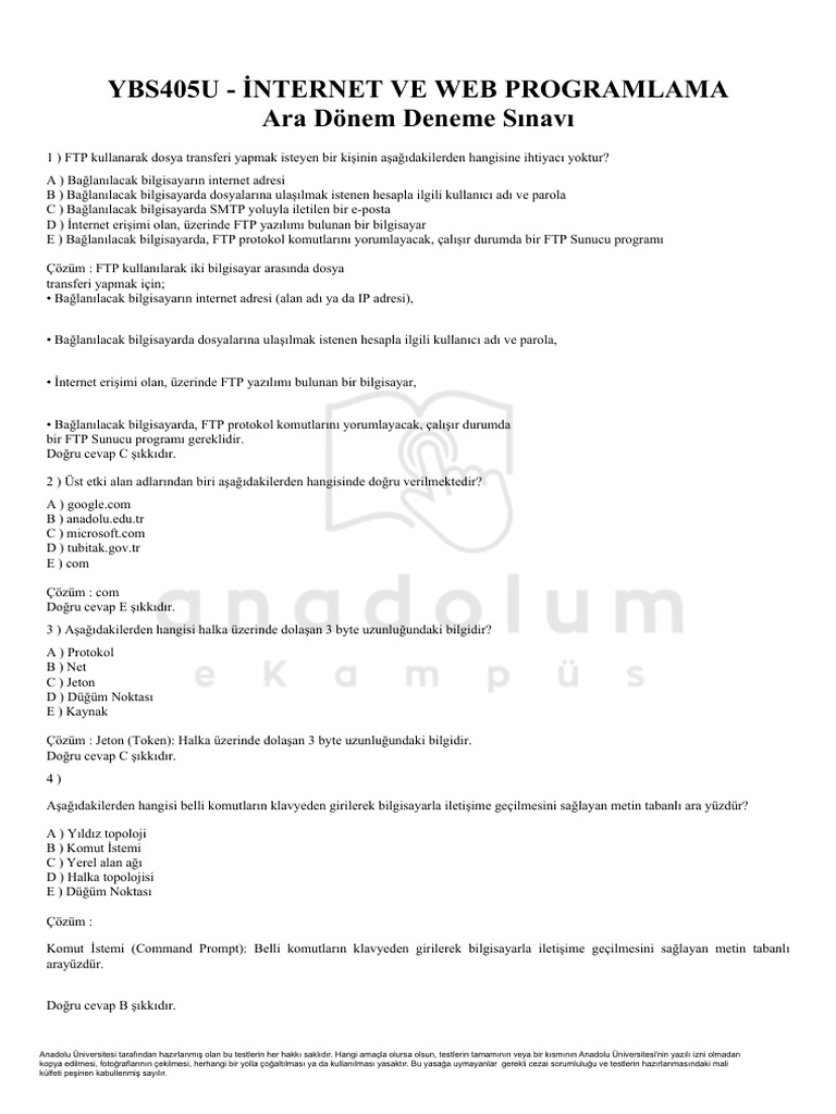 Ybs405U - İnternet Ve Web Programlama Ara Dönem Deneme Sınavı | PDF