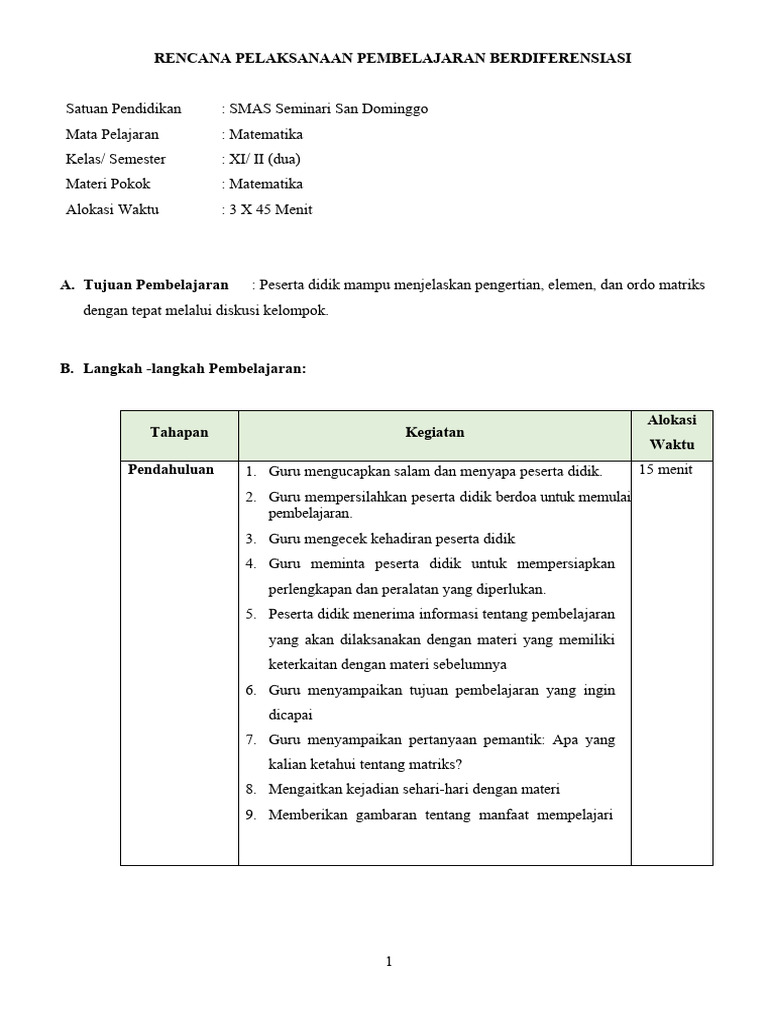 Rencana Pelaksanaan Pembelajaran Berdiferensiasi Matriks | PDF