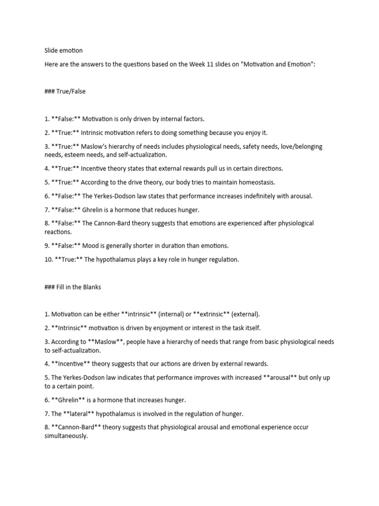 Mcqs True False | PDF | Emotions | Motivational