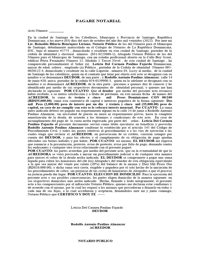PAGARE NOTARIAL Leticia Del Carmen Paulino Fajardo | PDF | Pagos