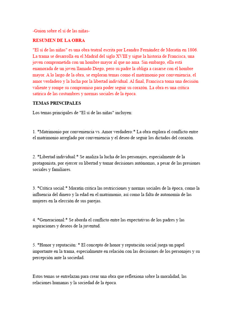 Estructura de "El sí de las niñas" | PDF