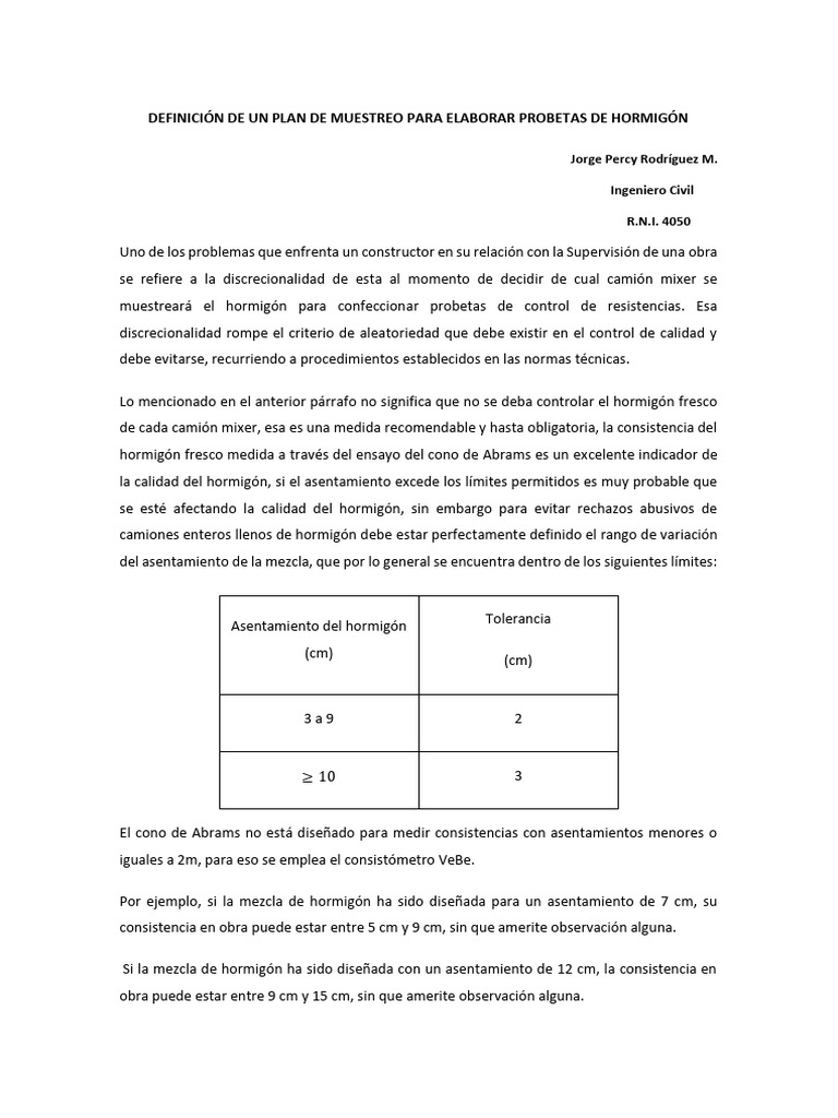 Definición de Un Plan de Muestreo para Elaborar Probetas de Hormigón ...