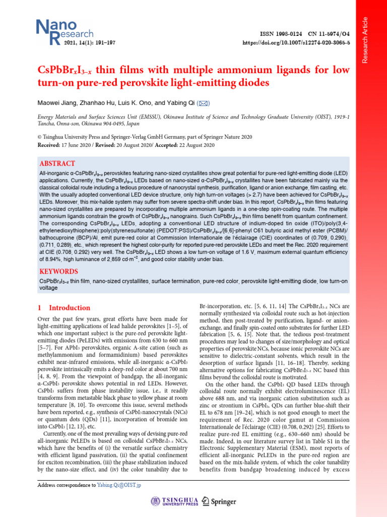 CsPbBrxI3-x Thin Films With Multiple Ammonium Ligands For Low Turn-On Pure-Red Perovskite Light ...