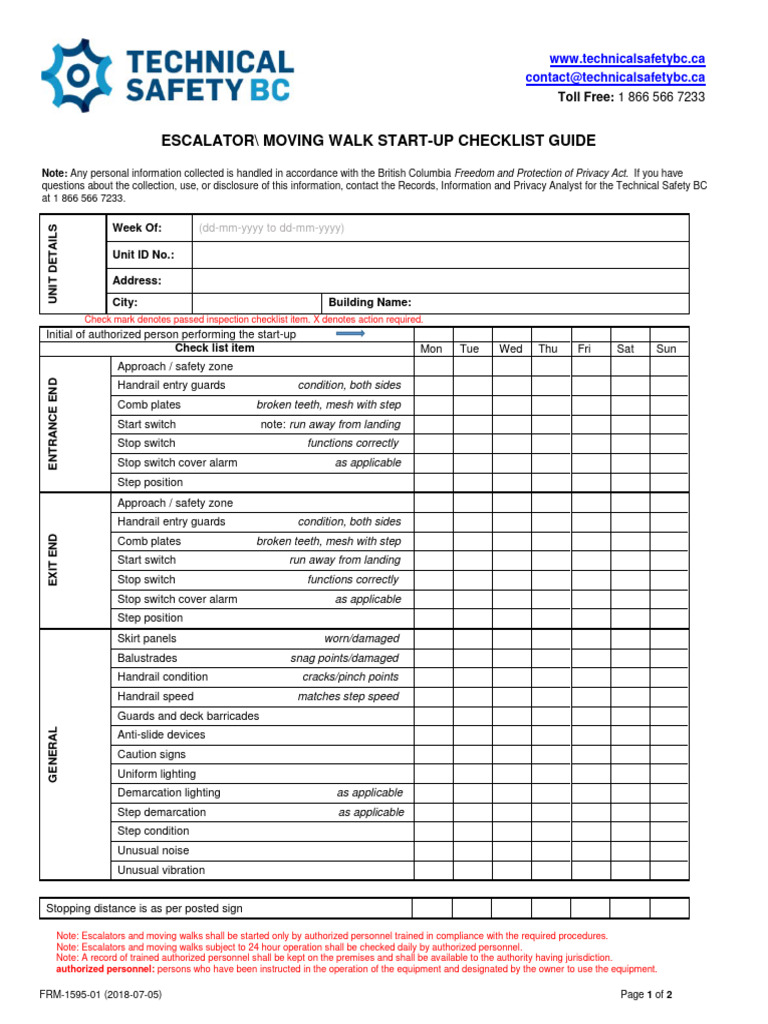 Escalator Start-Up Checklist Guide | PDF | Escalator