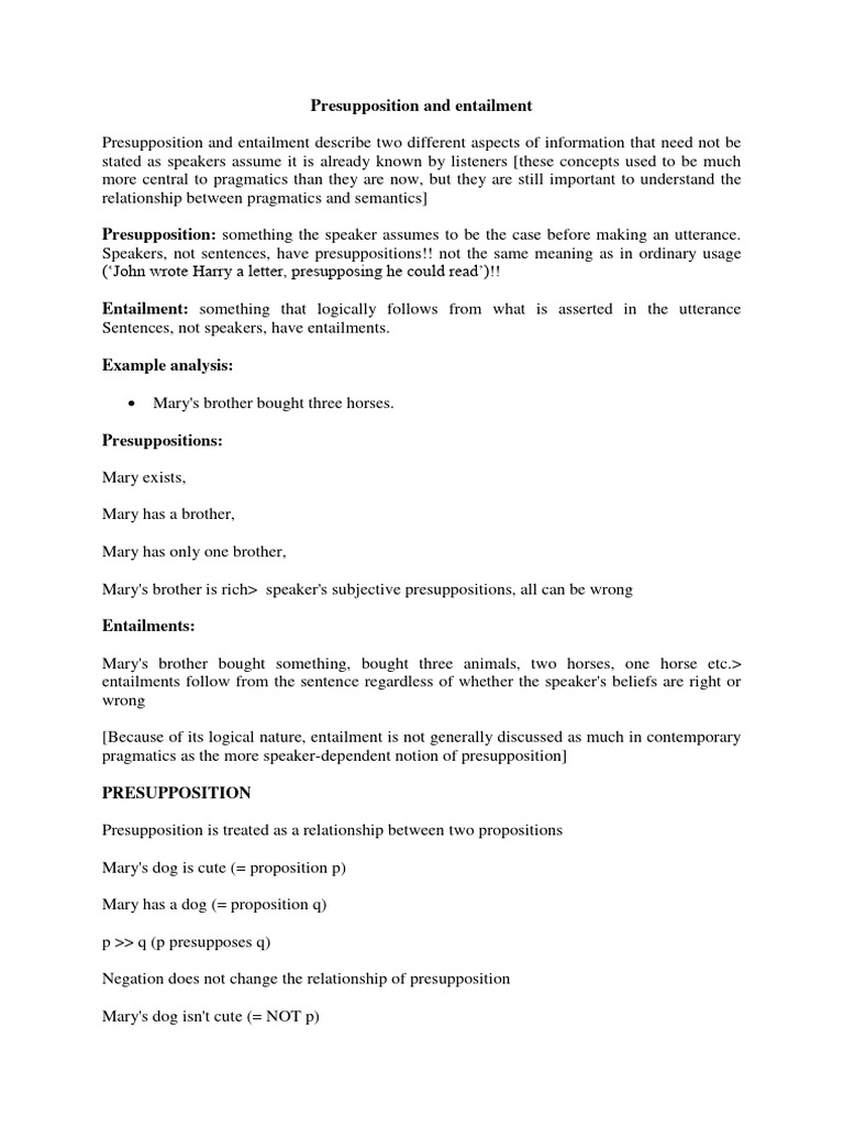 Presupposition and Entailment | PDF | Grammar | Linguistics